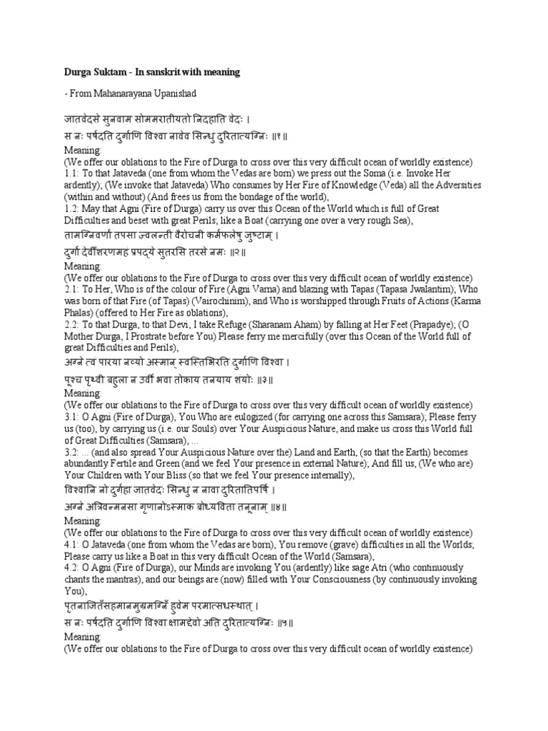 Durga Suktam - in Sanskrit With Meaning | PDF | Sanskrit Texts | Vedas