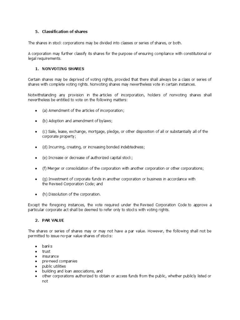Classification of Shares | PDF | Preferred Stock | Treasury Stock