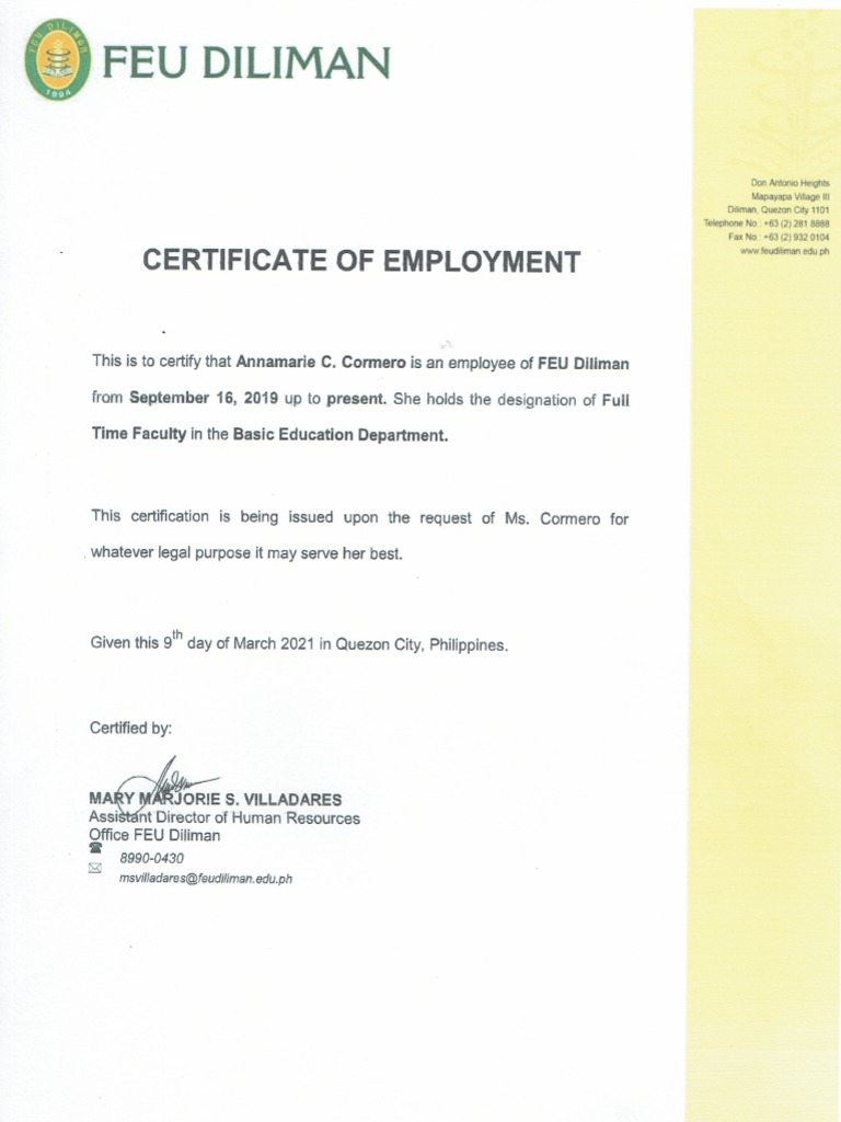 FEU Cert of Employment | PDF
