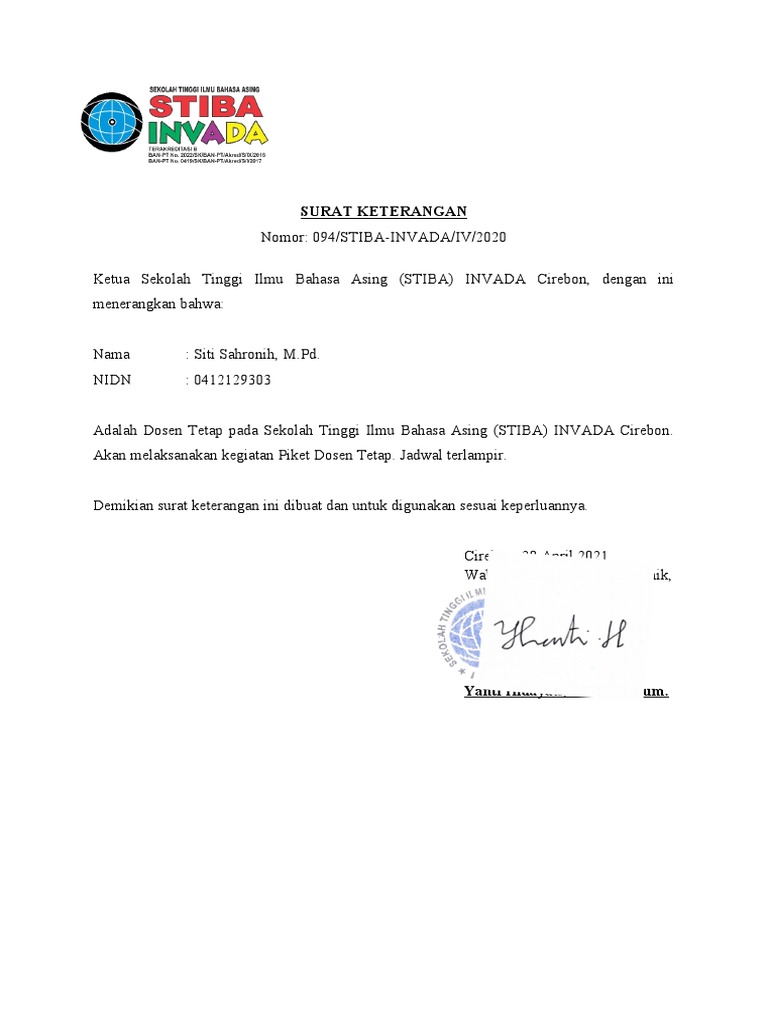 Surat Keterangan Piket Dosen STIBA | PDF
