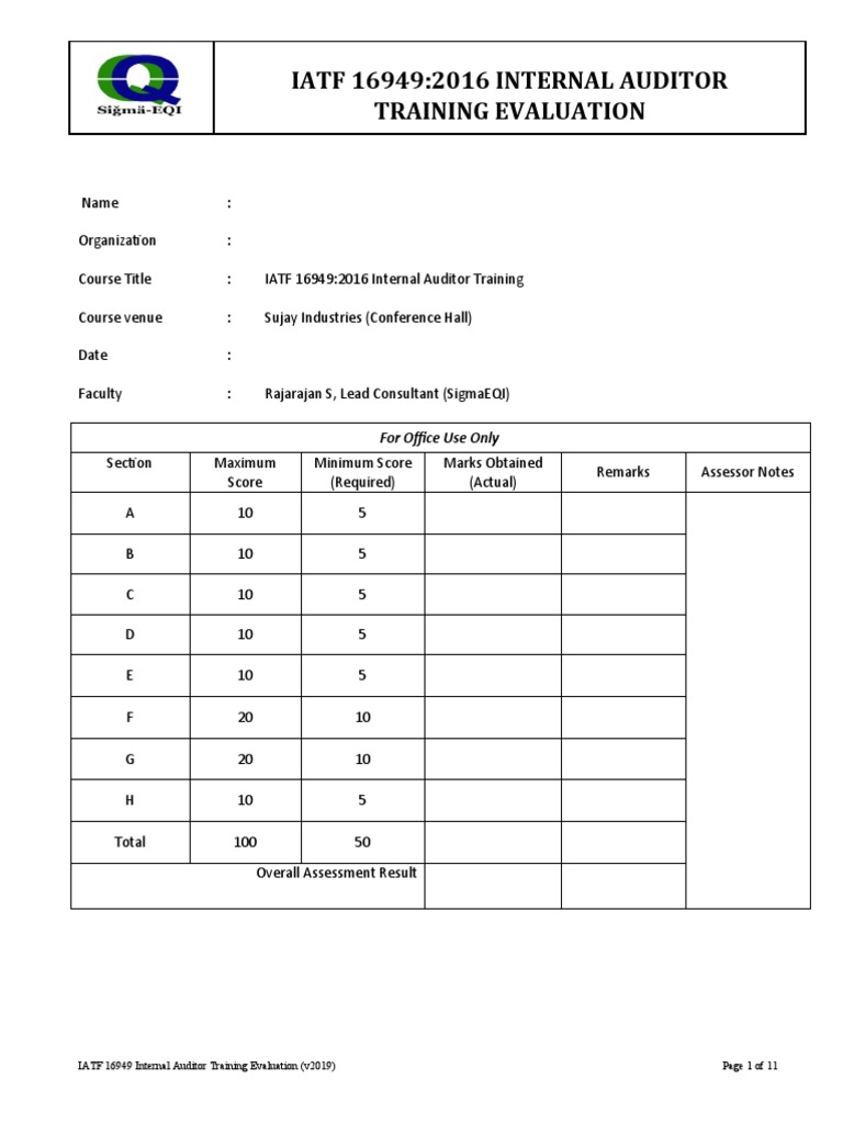 SEQI - IATF16949 - Internal Auditor - Training - Evaluation ...