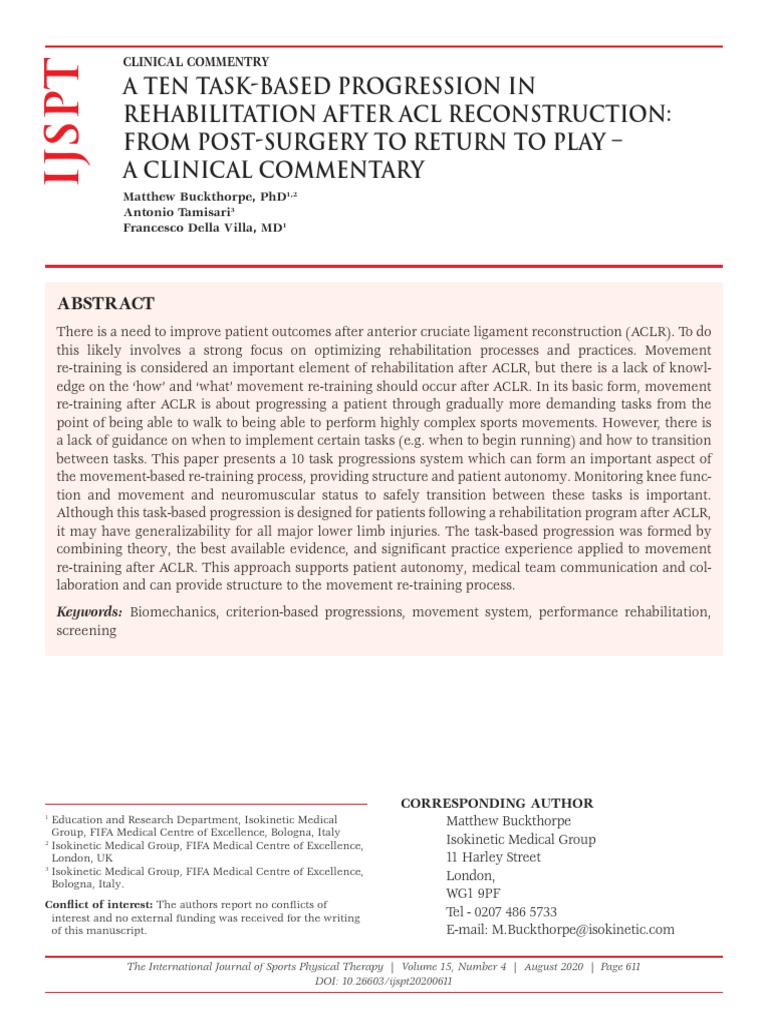 A Ten Task-Based Progression in Rehabilitation After Acl Reconstruction ...