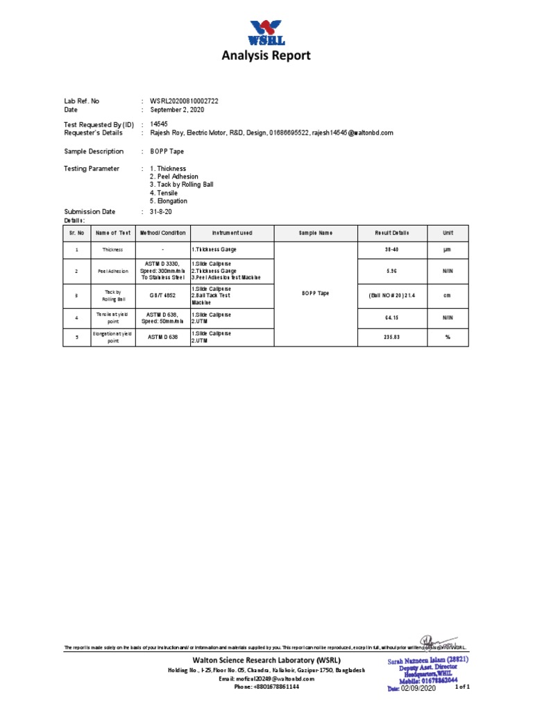 Analysis Report on BOPP Tape Testing Parameters | PDF | Chemistry ...