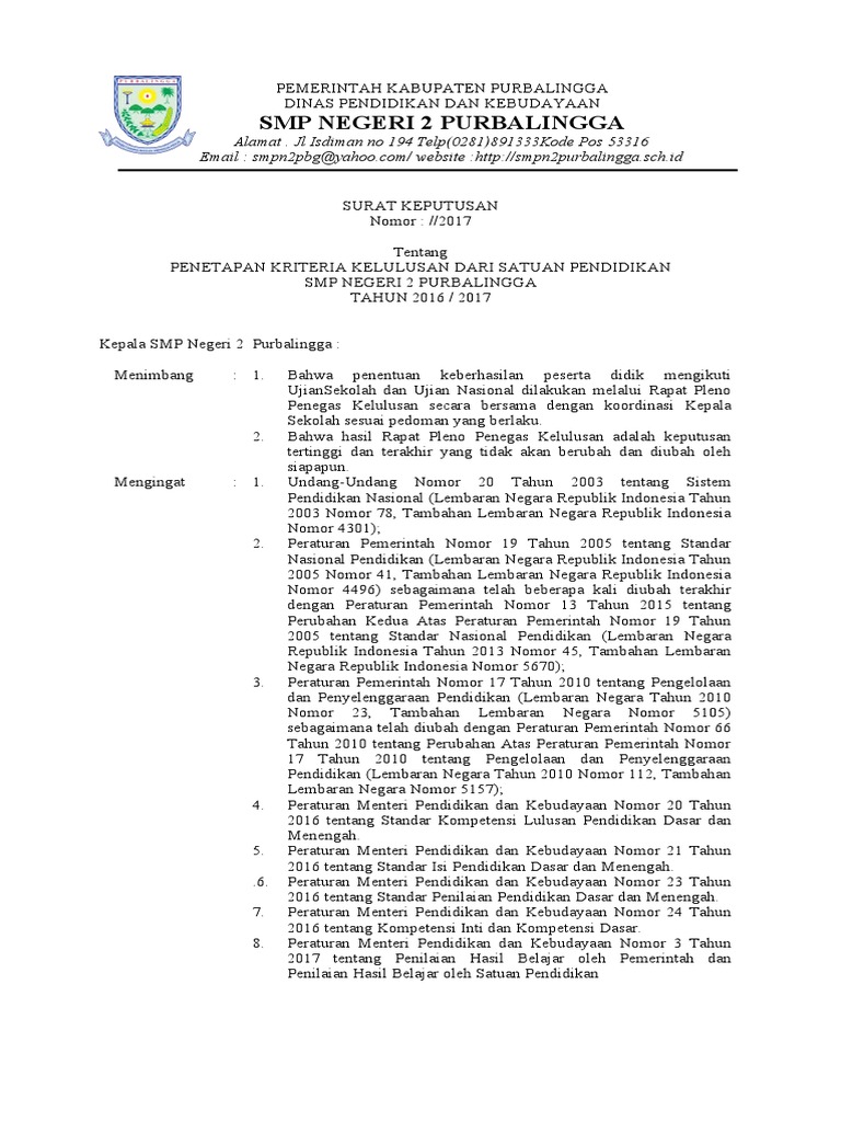 SK Penetapan Kriteria Kelulusan SMP 2 PBG | PDF