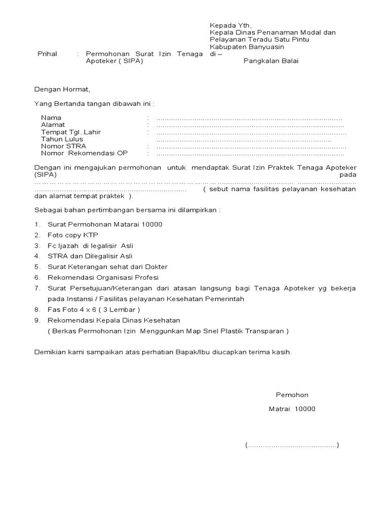 Surat Permohonan Praktek Apoteker - Sipa | PDF