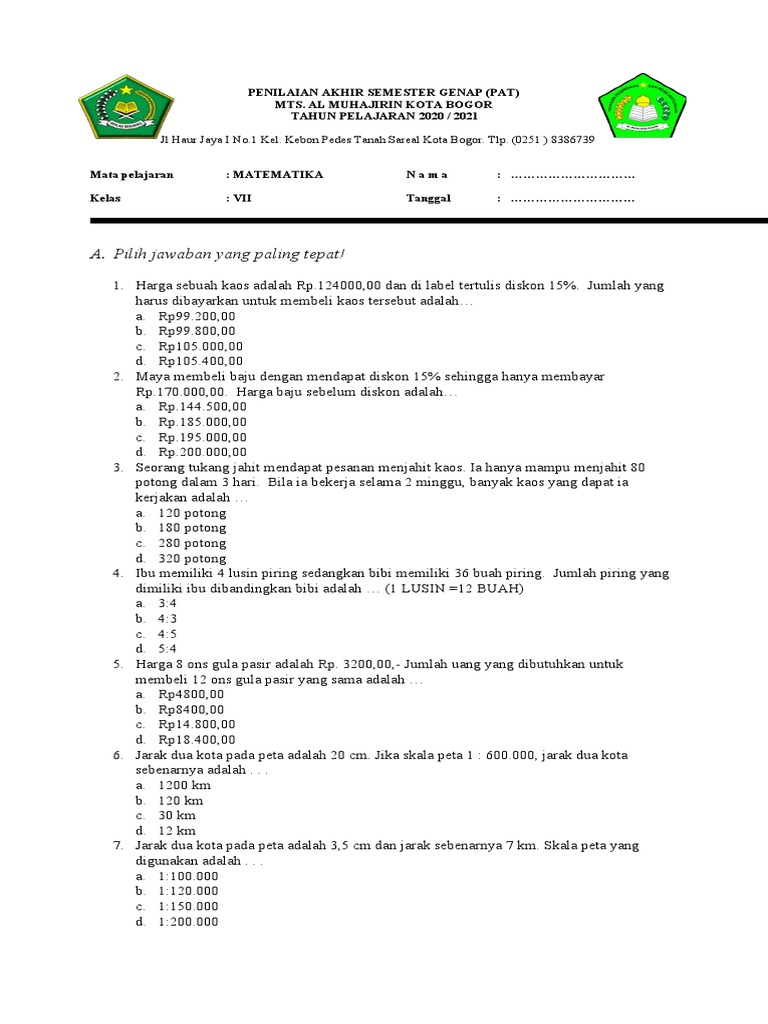 Soal Pat 7 Genap MTK | PDF | Metode & Bahan Ajar | Griya & Taman