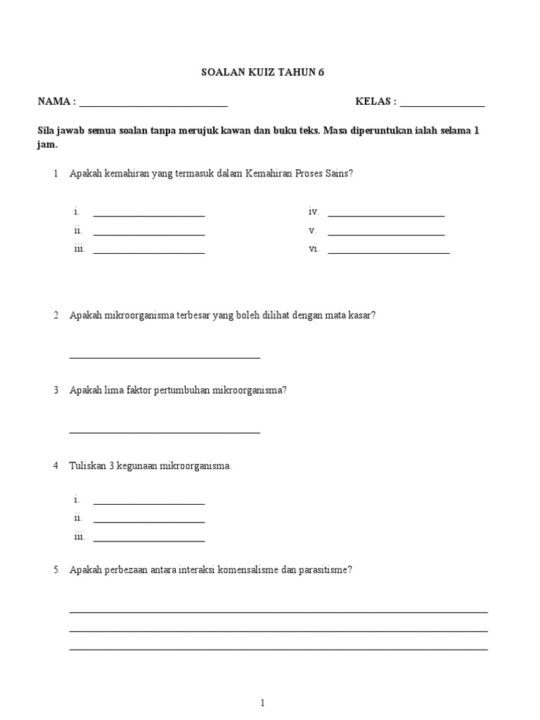Kuiz Sains Tahun 6 | PDF