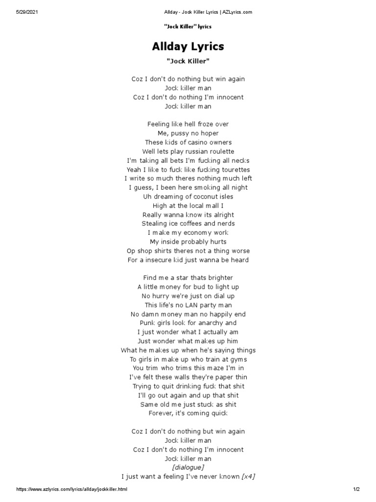 Allday Lyrics: "Jock Killer" | PDF
