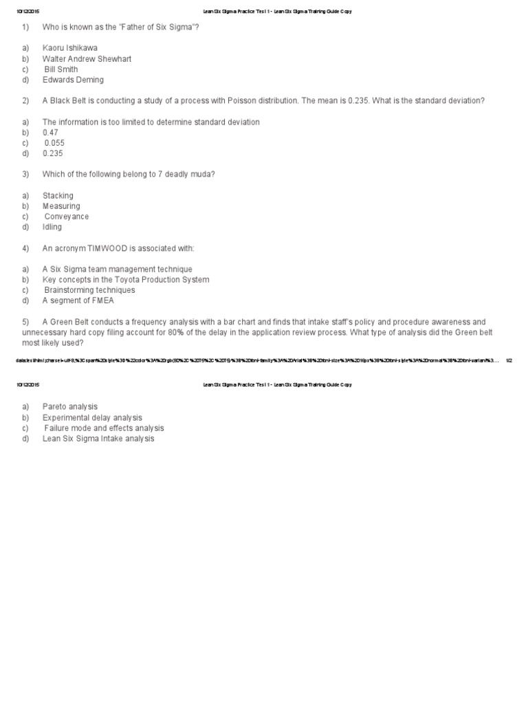 Lean Six Sigma Practice Test 1 - Lean Six Sigma Training Guide | PDF