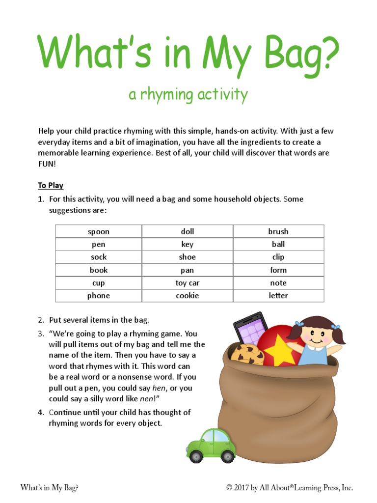 What's in My Bag?: A Rhyming Activity | PDF