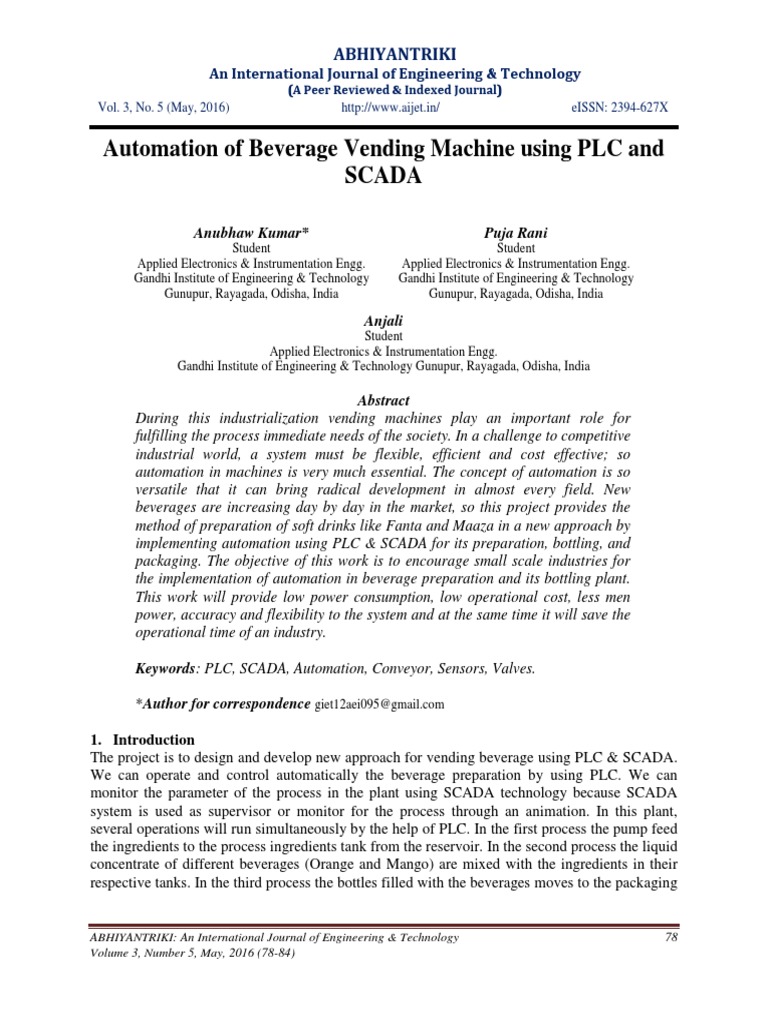 Automation of Beverage Vending Machine Using PLC and Scada ...