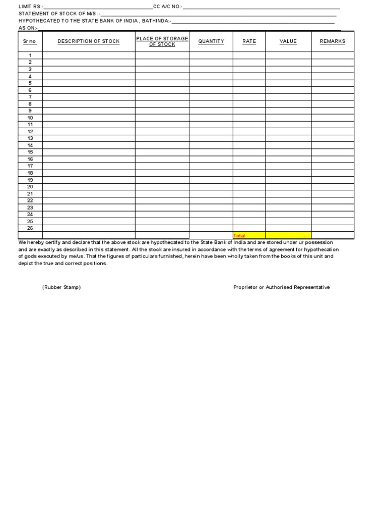 Sbi Stock Statement Format New | PDF
