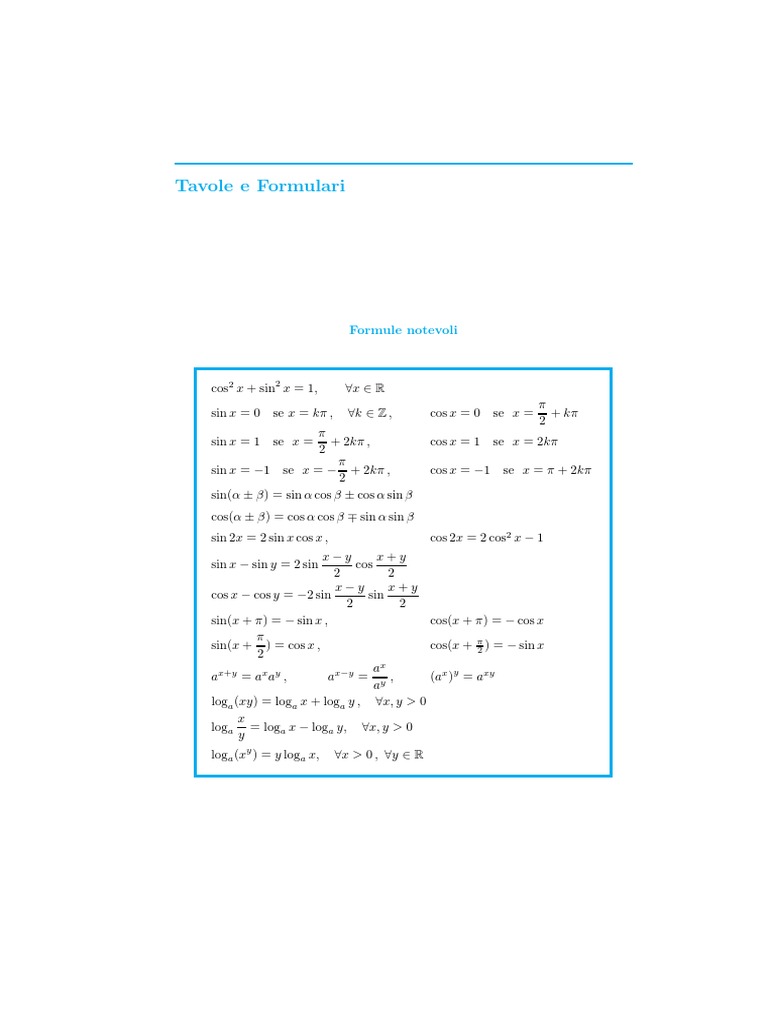 Tavole e Formulari: Formule Notevoli | PDF | Combinatorics | Manifold