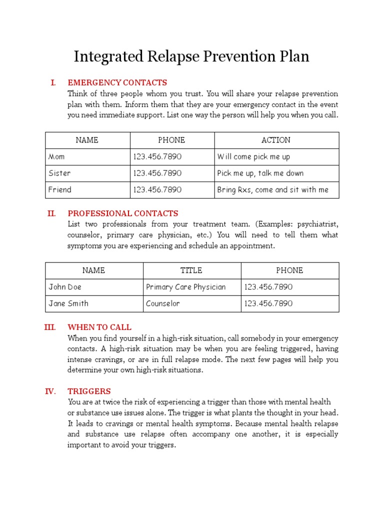 Integrated Relapse Prevention Plan: I. Emergency Contacts | PDF ...