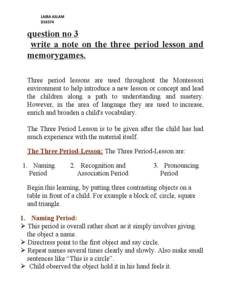 Write A Note On The Three Period Lesson And: Question No 3 Memorygames ...