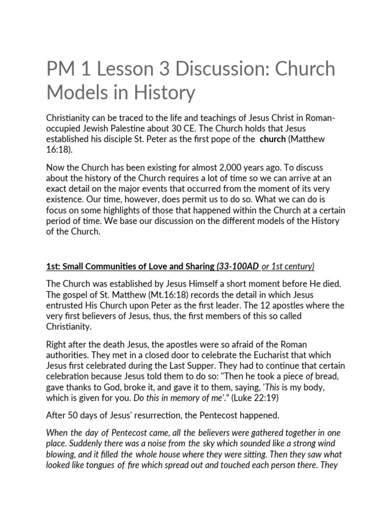 PM 1 Lesson 3 Discussion: Church Models in History: 1st: Small ...