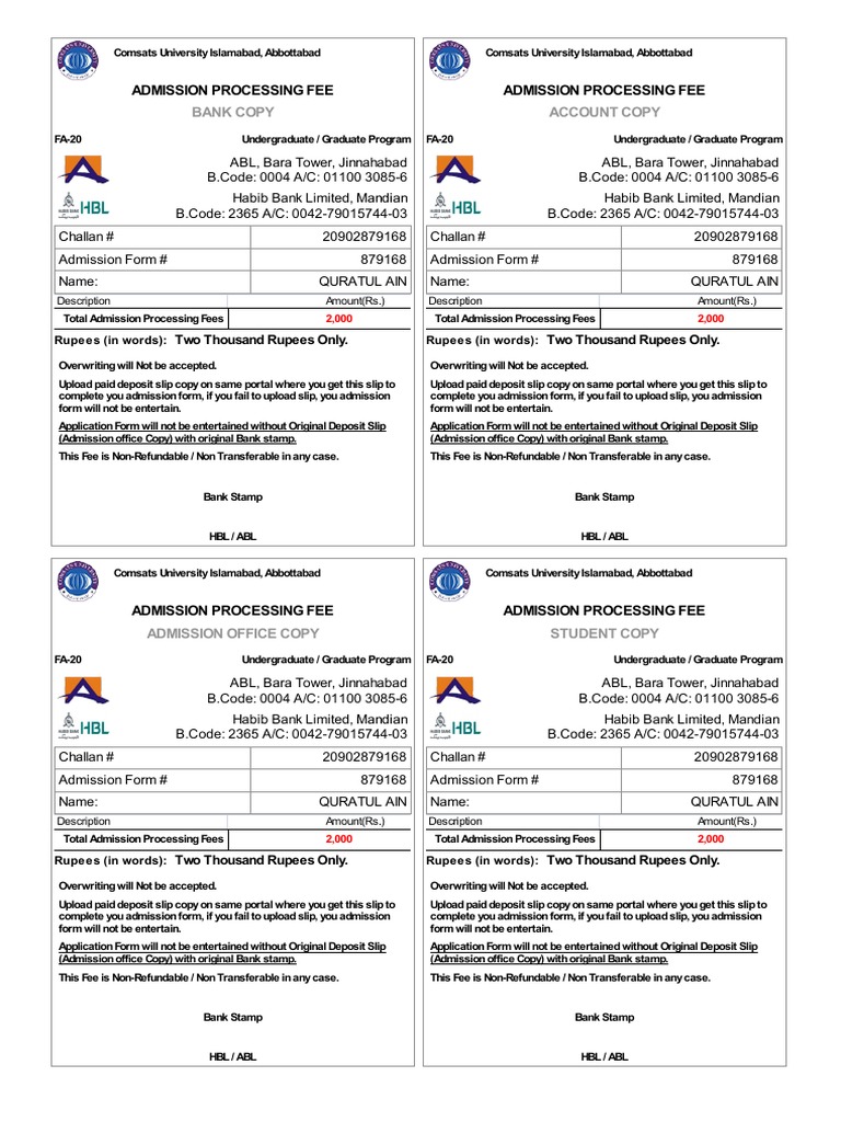 Bank Copy Account Copy: Admission Processing Fee Admission Processing Fee | PDF | Banking | Pakistan