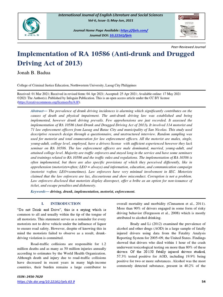 Implementation of RA 10586 (Anti-Drunk and Drugged Driving Act of 2013) | PDF | Driving Under ...