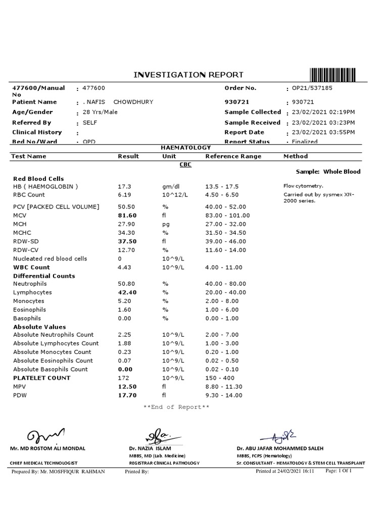 Investigation Report: Flowcytometry. Carried Out by Sysmex XN-2000 ...