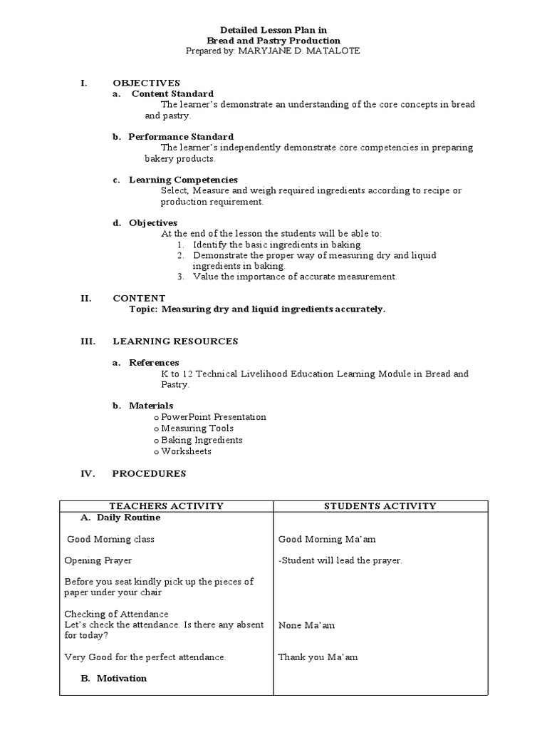 Detailed Lesson Plan In Baking