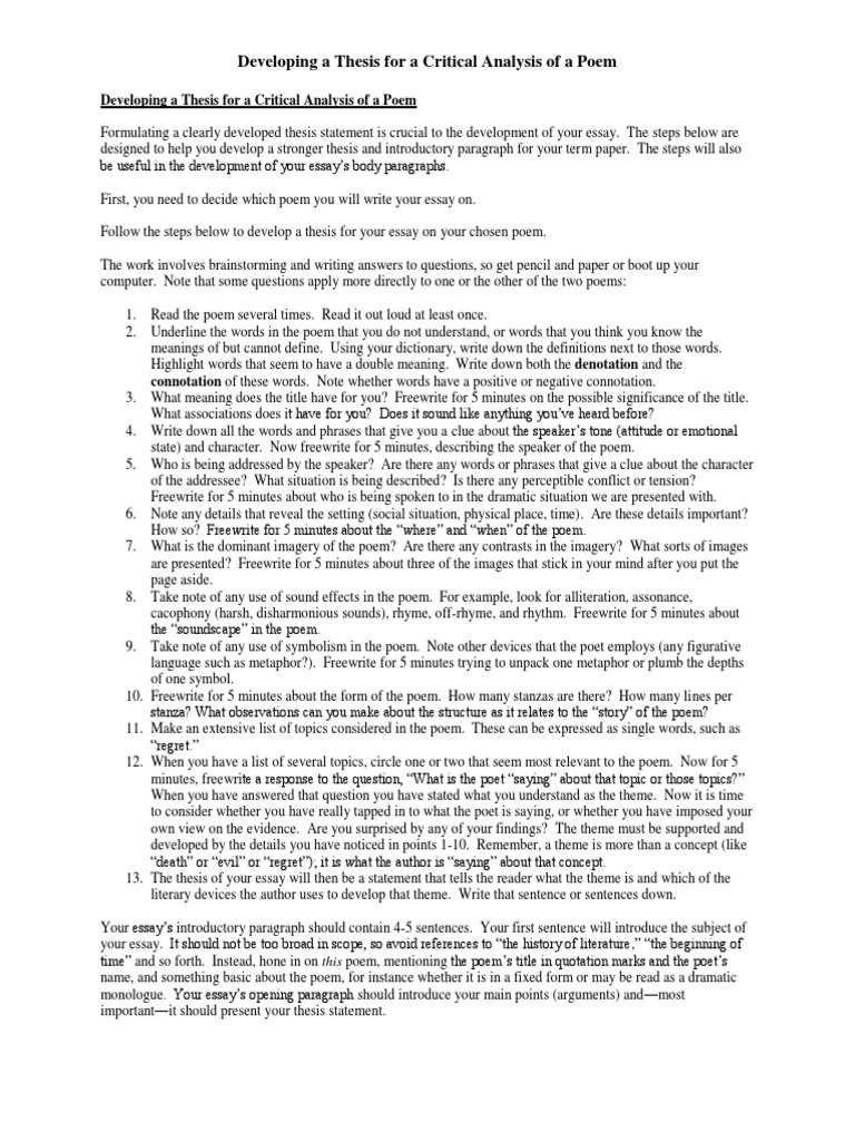 Elmslie Developing A Thesis For A Critical Analysis of A Poem Freewrite ...