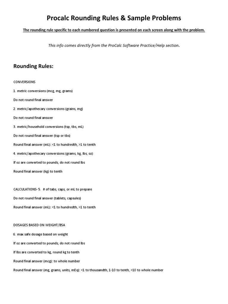 PROCALC ROUNDING RULES and Sample Questions | PDF | Dose (Biochemistry ...