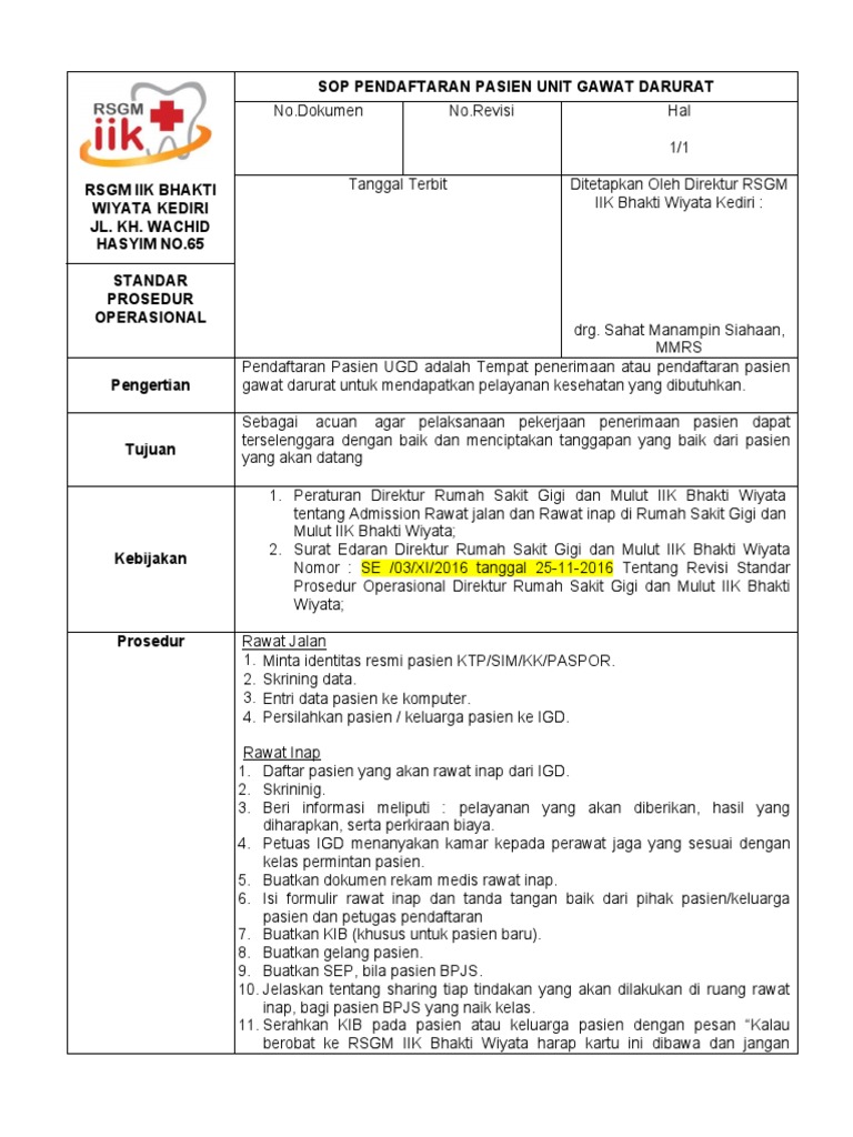 Sop Pendaftaran Ugd | PDF