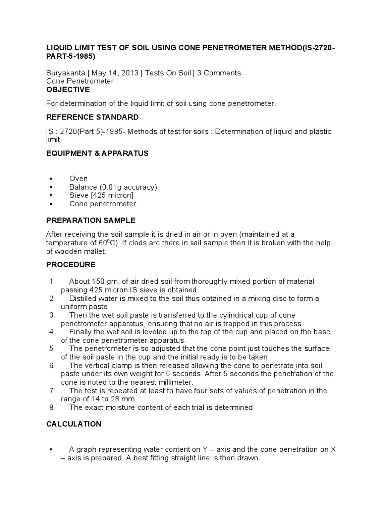 Liquid Limit Test of Soil Using Cone Penetrometer Method | PDF ...