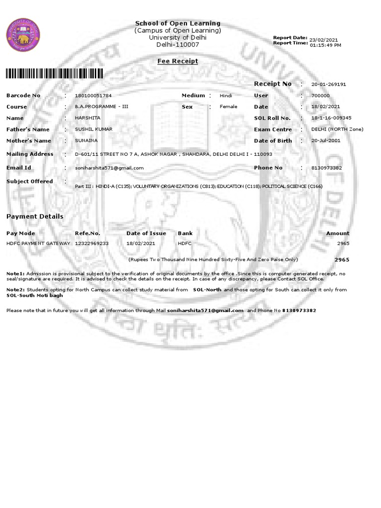 Sol Fees Reciept 3rd Year Harshita | PDF | Receipt | Business