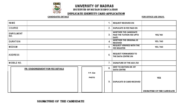 University of Madras: Duplicate Identity Card Application | PDF ...
