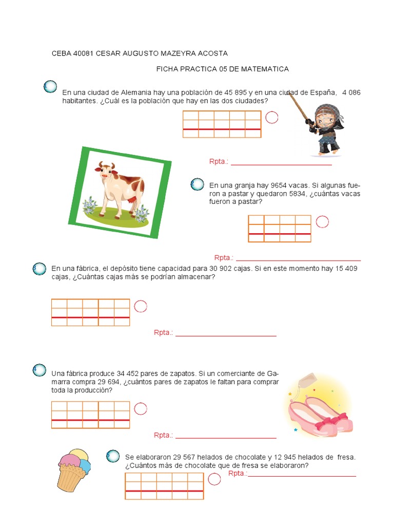 Ficha 05 de Matemática Problemas de Sustracción | PDF