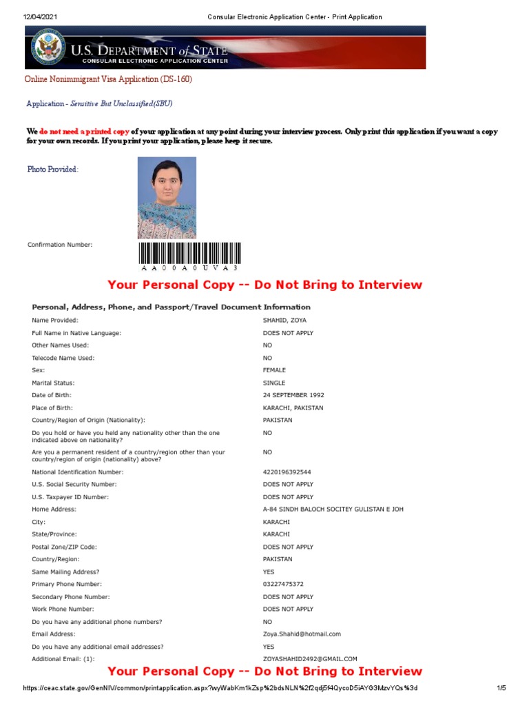 Consular Electronic Application Center - Print Application | PDF | Travel Visa | Citizenship Of ...
