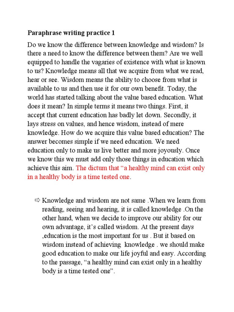 Paraphrase Writing Practice 1: The Dictum That "A Healthy Mind Can ...