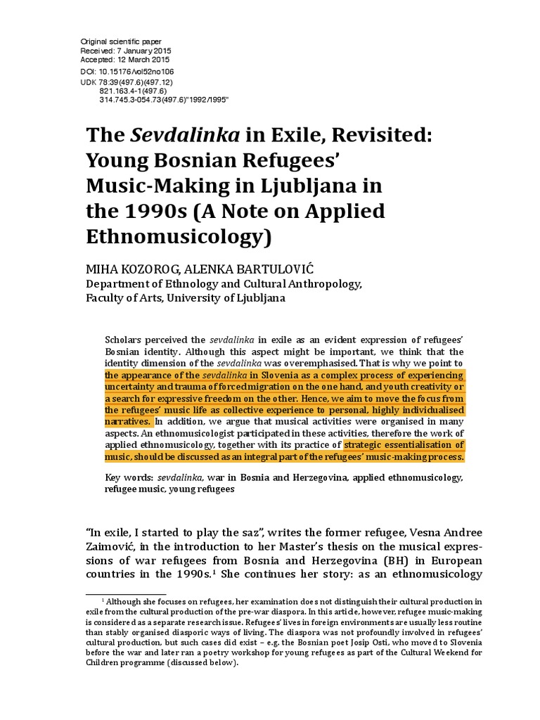 The Sevdalinka in Exile, Revisited: Young Bosnian Refugeesa Music ...
