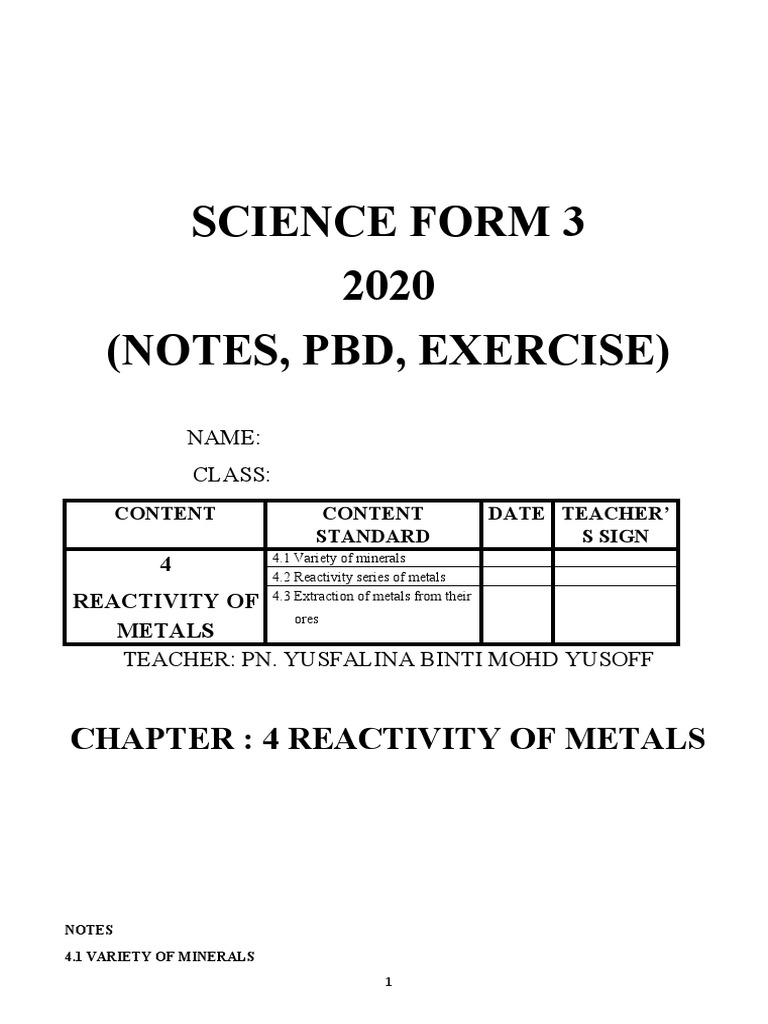 Science Form 3 2020 (Notes, PBD, Exercise) : Chapter: 4 Reactivity of ...
