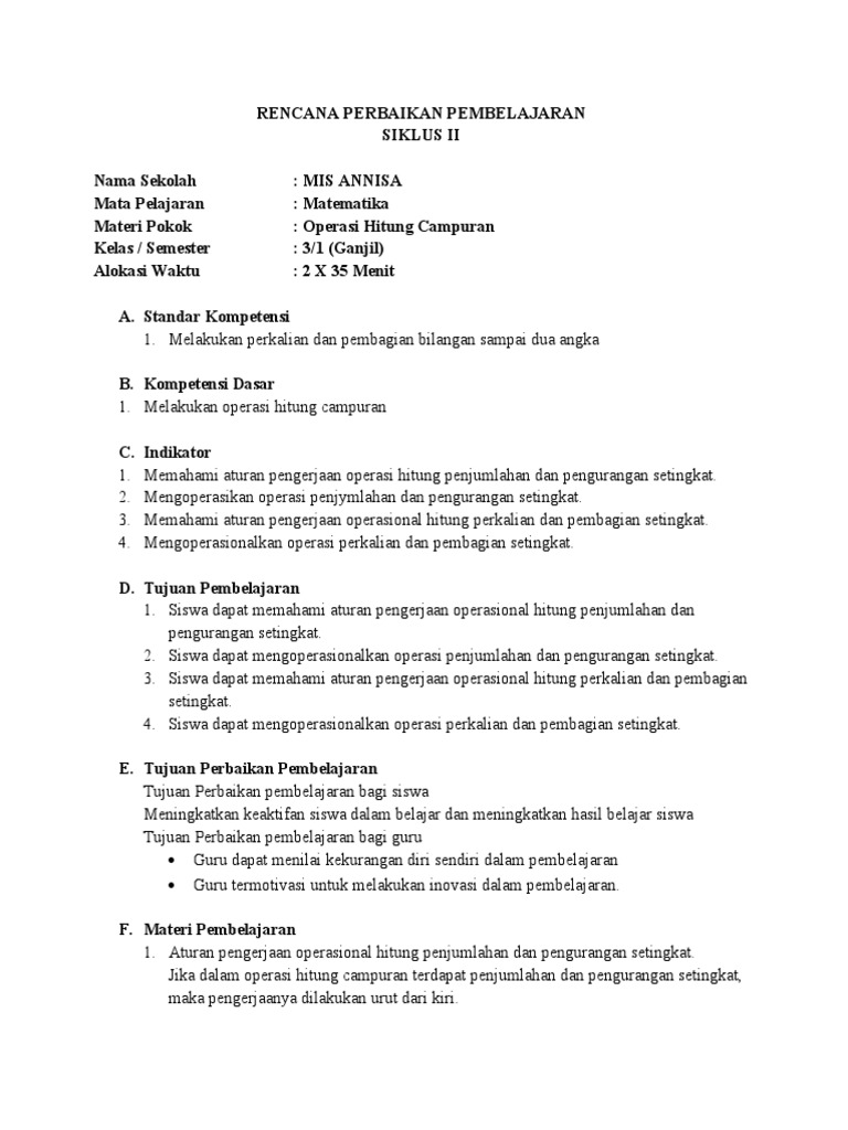 RENCANA PERBAIKAN PEMBELAJARAN Siklus 2 | PDF