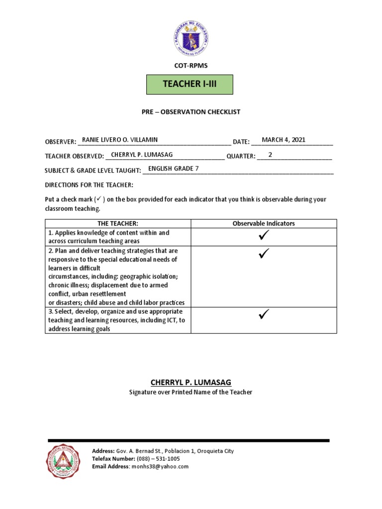 Cot Rpms Pre Observation Checklist in The Time of Covid 19 Pandemic ...