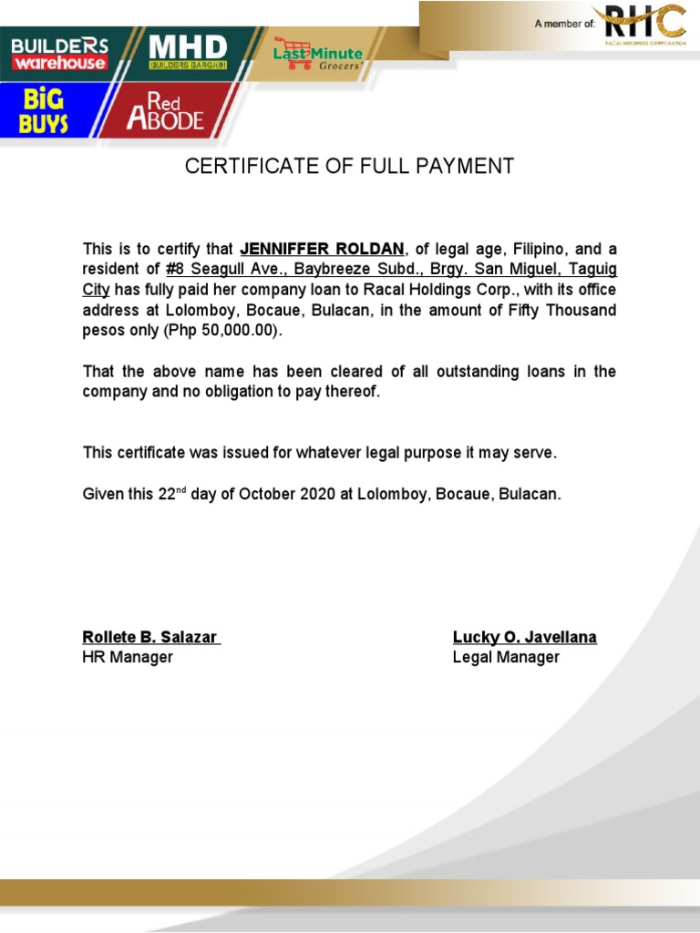 Certificate of Full Payment New | PDF