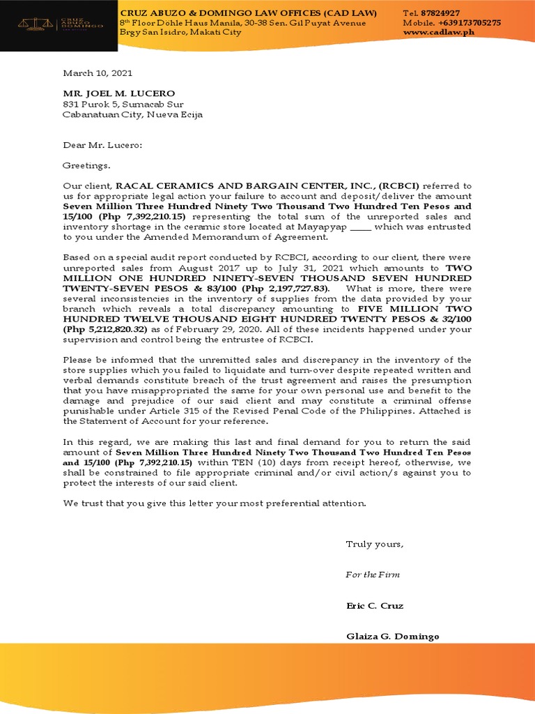 Demand Letter - RGC V Lucero - Revised.ecc | PDF | Justice | Crime ...