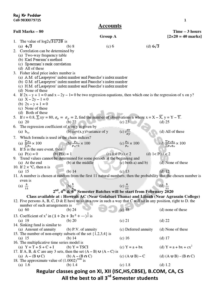 3rd Sem Maths Model Paper 1 | PDF | Correlation And Dependence ...