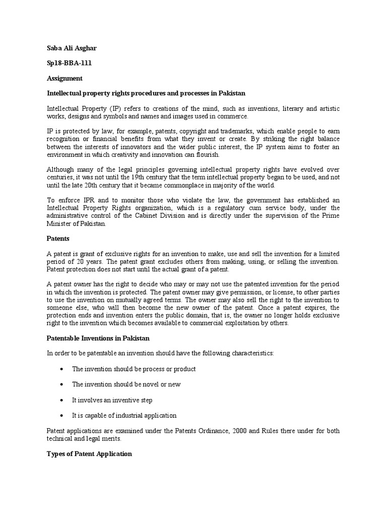 Saba Ali Asghar Sp18-BBA-111 Assignment Intellectual Property Rights ...
