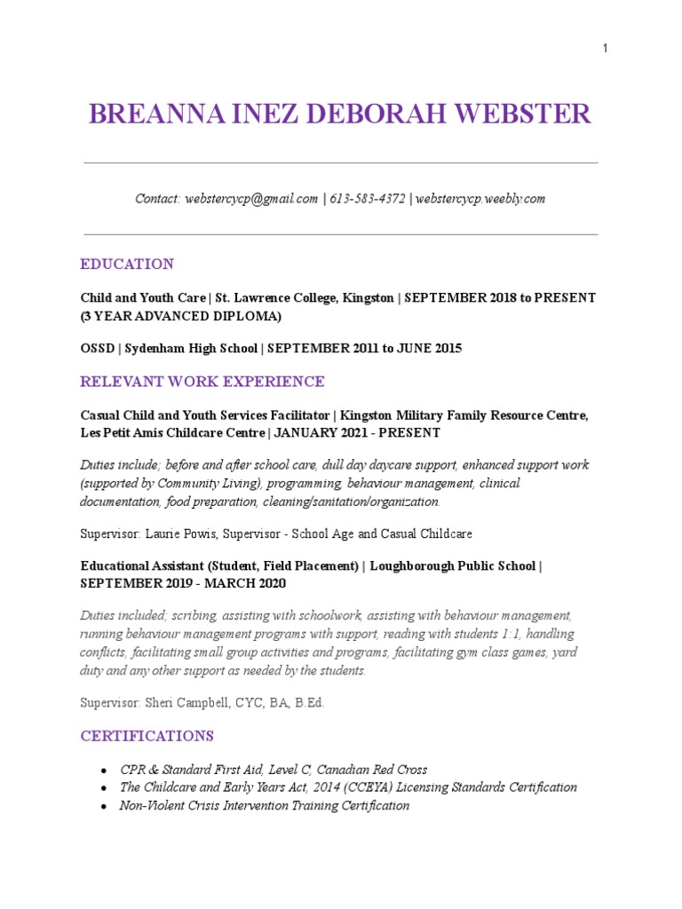 Resume Working | PDF | Child Care | Relationships