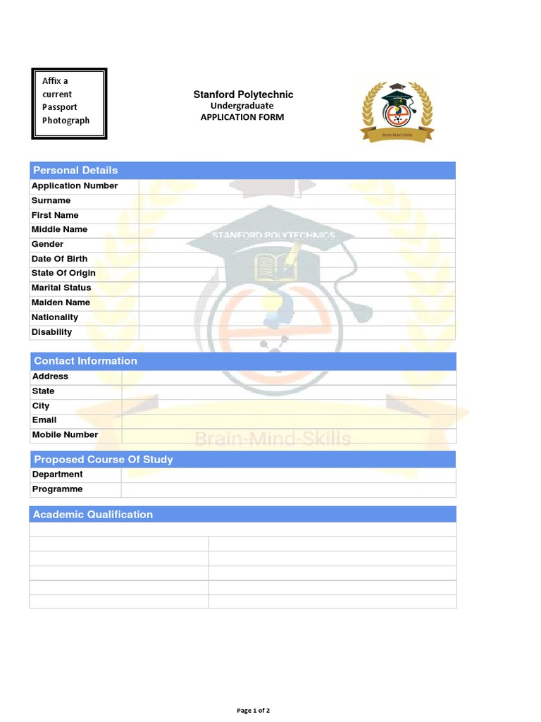 Stanford Application Form 1 | PDF