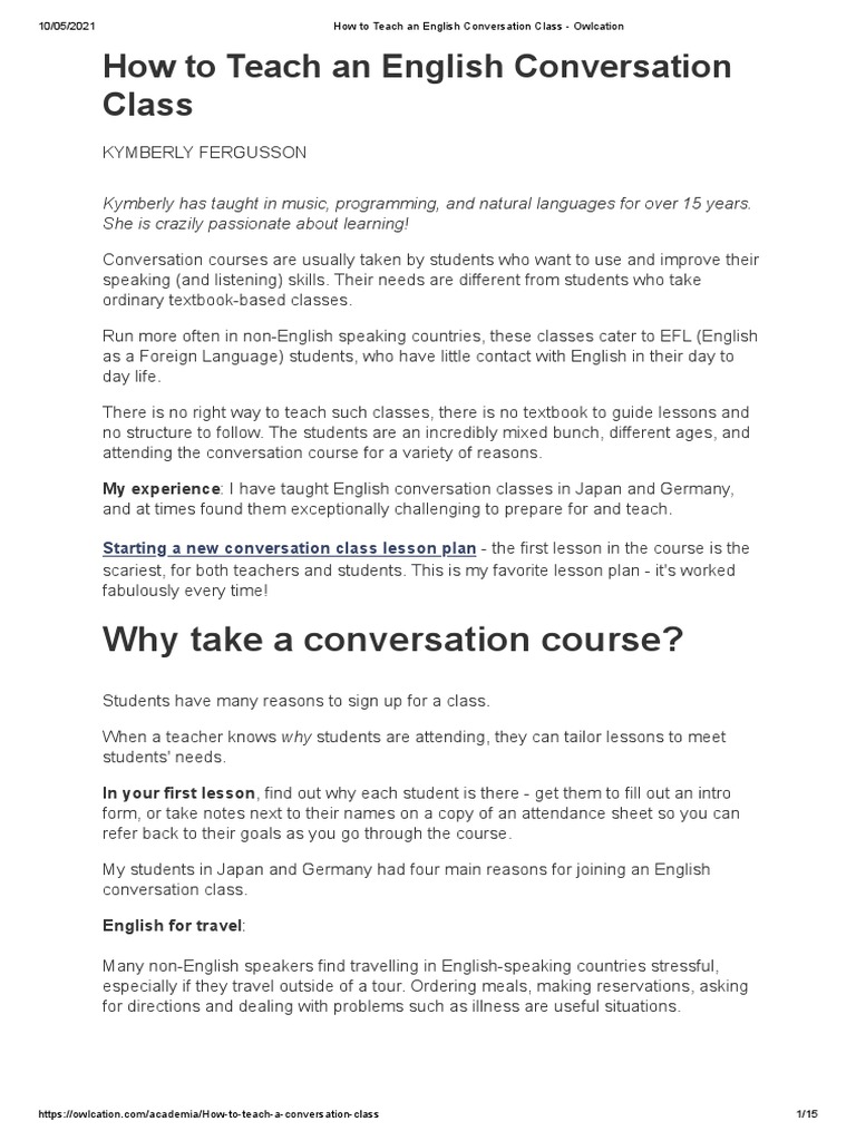 Teaching English Conversation Classes | PDF | English As A Second Or ...