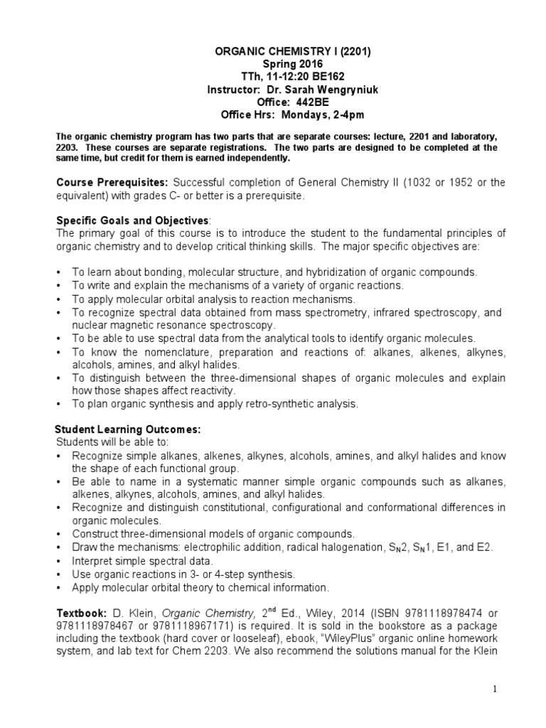 Organic Chemistry 1 Syllabus | PDF | Alkene | Organic Chemistry