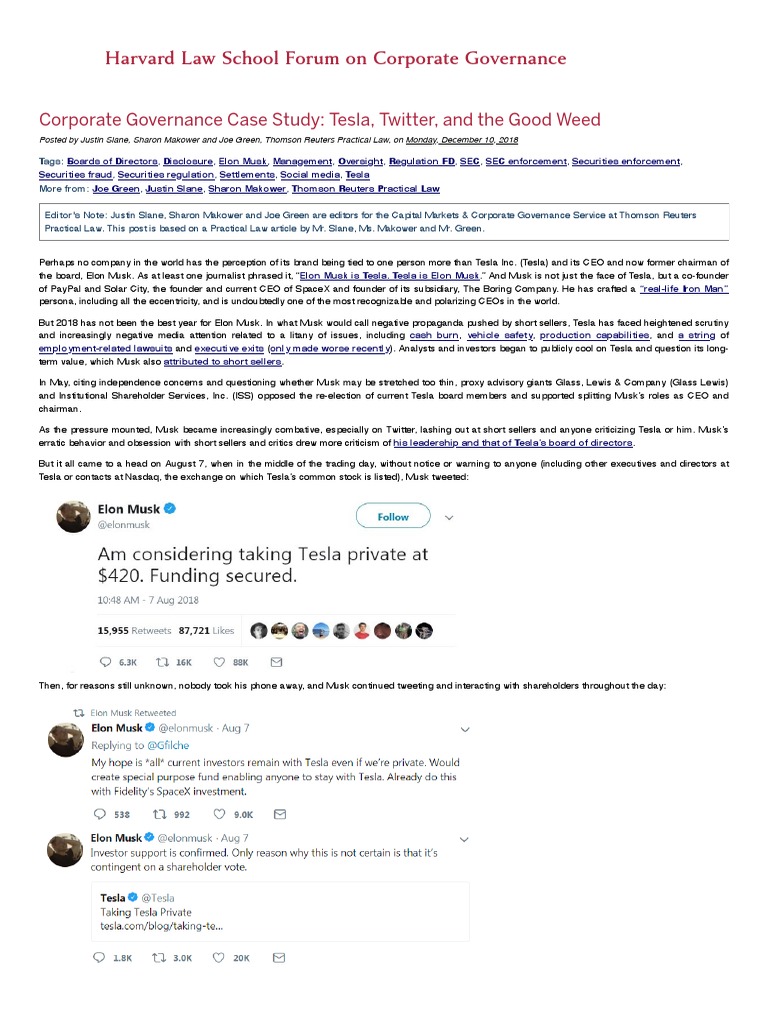 Corporate Governance Case Study Tesla, Twitter, and The Good Weed | PDF ... Corporate Governance Case Study Tesla, Twitter, and The Good Weed | PDF ...