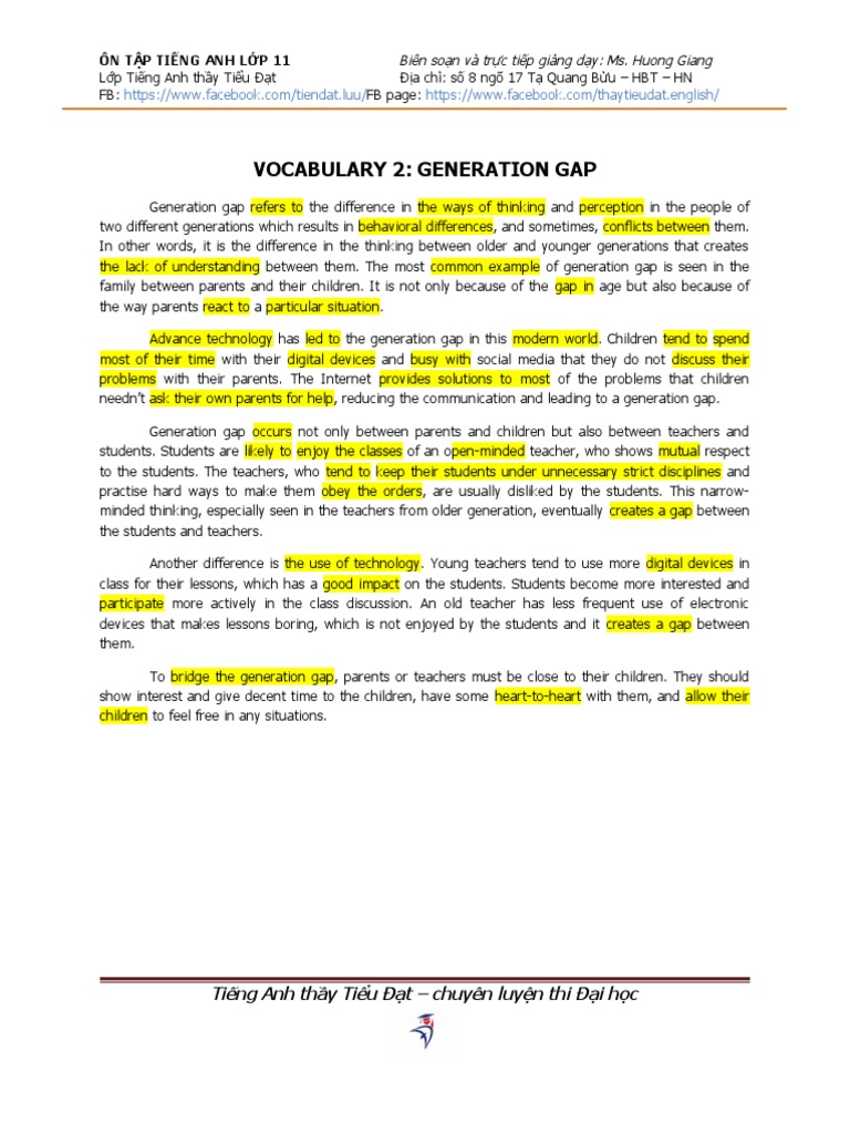 Vocabulary 2 - Generation Gap - Reading Passage | PDF | Human ...