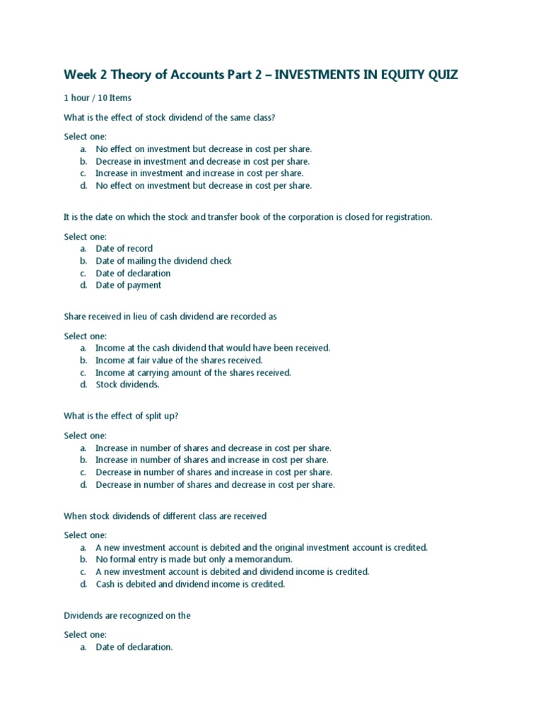 ACTG 431 QUIZ Week 2 Theory of Accounts Part 2 - INVESTMENTS IN EQUITY ...