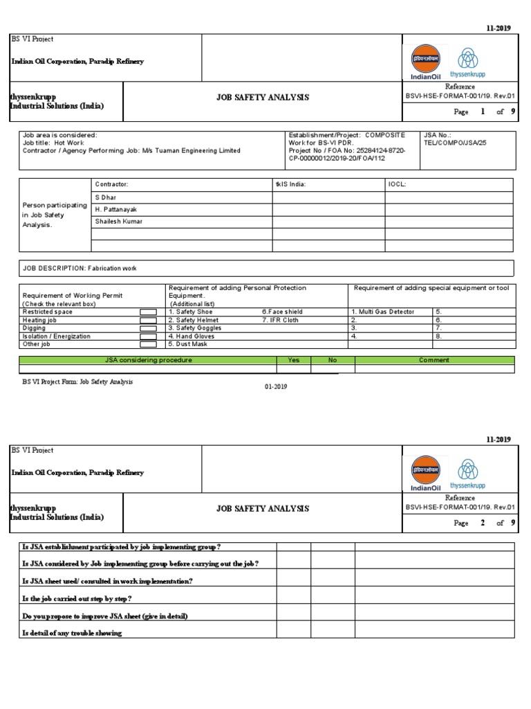 JSA For Fabrication Works | PDF | Welding | Construction