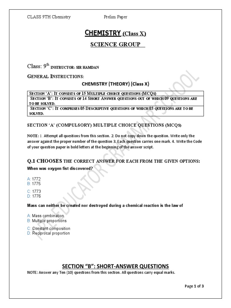 Prelim CLASS 9th Chem | PDF | Chemical Bond | Ionic Bonding